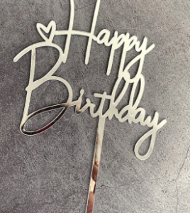 Topper decoración tartas "happy birthday" en letras y color plata.